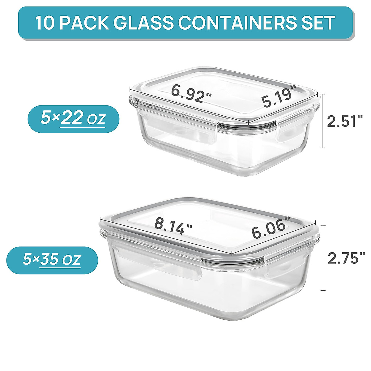 Vtopmart 10Pack (35oz+22oz) Glass Food Storage Containers with Lids, Meal Prep Containers, Airtight Lunch Bento Boxes with Snap Locking Lids, for Microwave, Oven, Freezer and Dishwasher