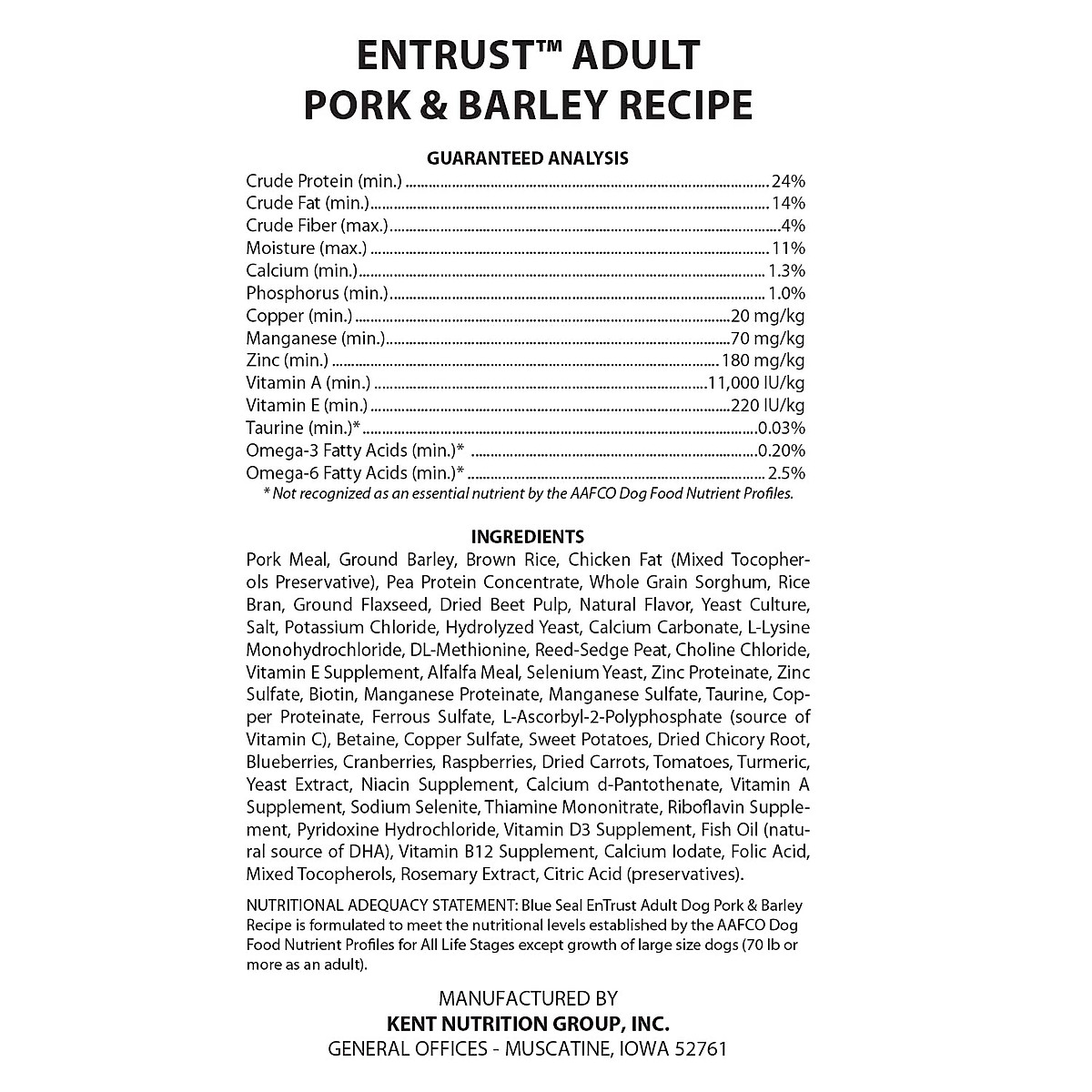 ENTRUST Adult Dog Food | Pork & Barley | Enriched with Super Foods, Antioxidants and Probiotics | No Wheat or Soy | 20 Pound Bag