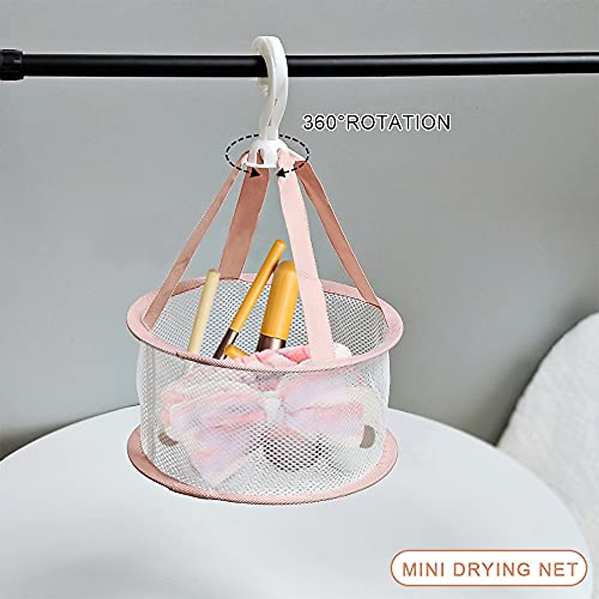 Mini Mesh Shower Dry Basket, Hanging Drying Net, Bath Organizer Storage for Makeup Brush, Beauty Sponge Blender, Windproof Airing Drip Dryer Rack for Bathroom, Laundry (Pink)