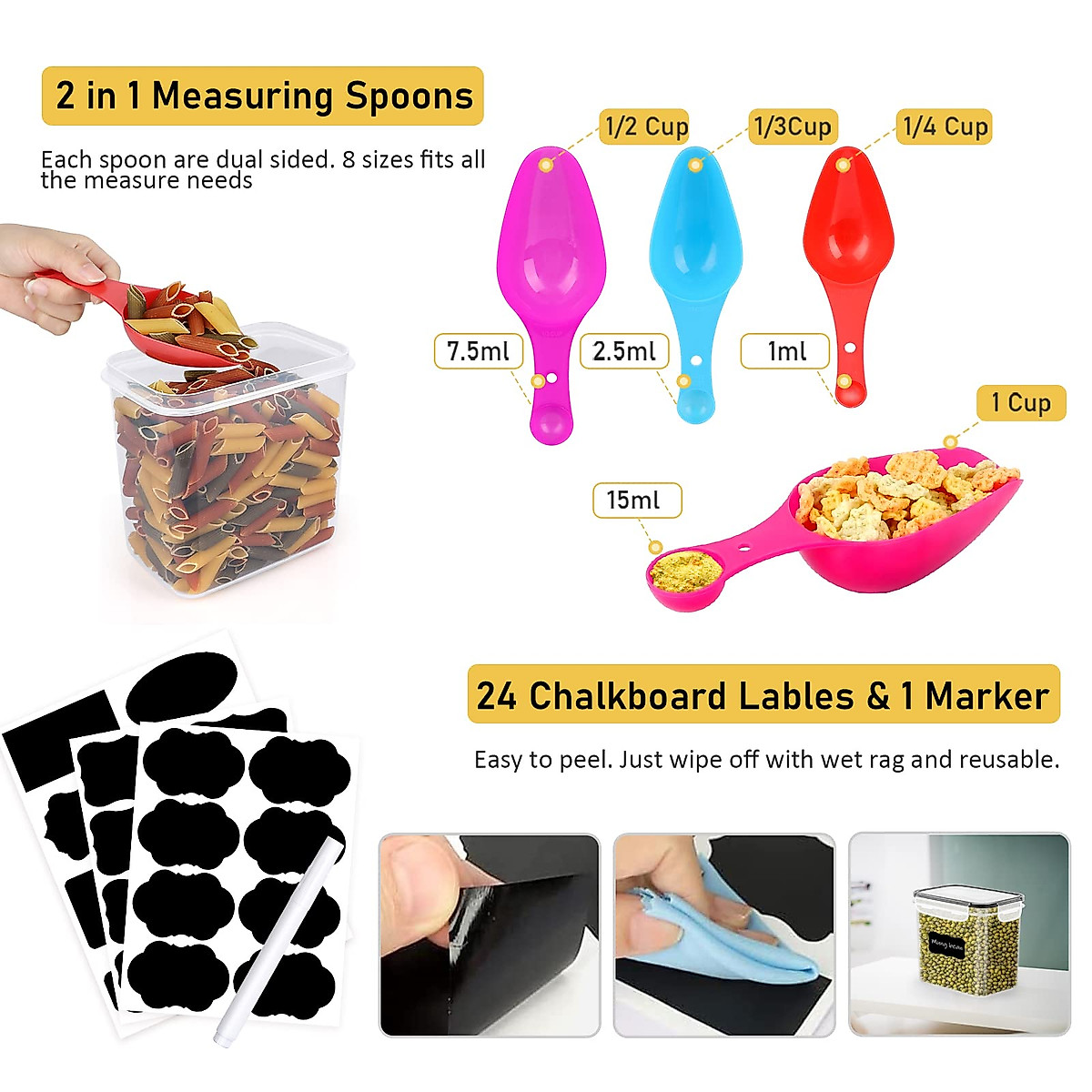 Airtight Food Storage Containers, 24 Pcs Kitchen Pantry Organization and Storage, Large Plastic Cereal Containers with Lids, Containers for Food, Rice, Flour, Cereal, Include Measuring Spoons, Labels