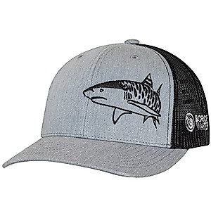 Tiger Shark Scuba Diving Trucker Hat: Mens Adjustable Snapback for Fishing, Spearfishing - Heather Gray/Black/Black