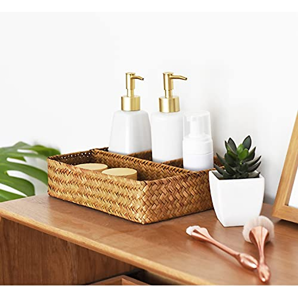 YANGQIHOME Tea Bag / Sugar Packet Holder, Coffee Station Condiment Organizer, Seagrass Storage Basket, Wicker Rattan Divided Basket Organizer for Drawer / Shelf / Countertop