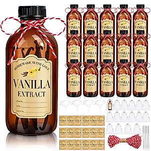 16Pcs 8 oz Amber Glass Bottle Boston Round Bottles for Vanilla Extract Homemade,Brown Vanilla Extract Bottles with Caps for Syrup Gift Glass Food Storage Canister and Sauce Beans