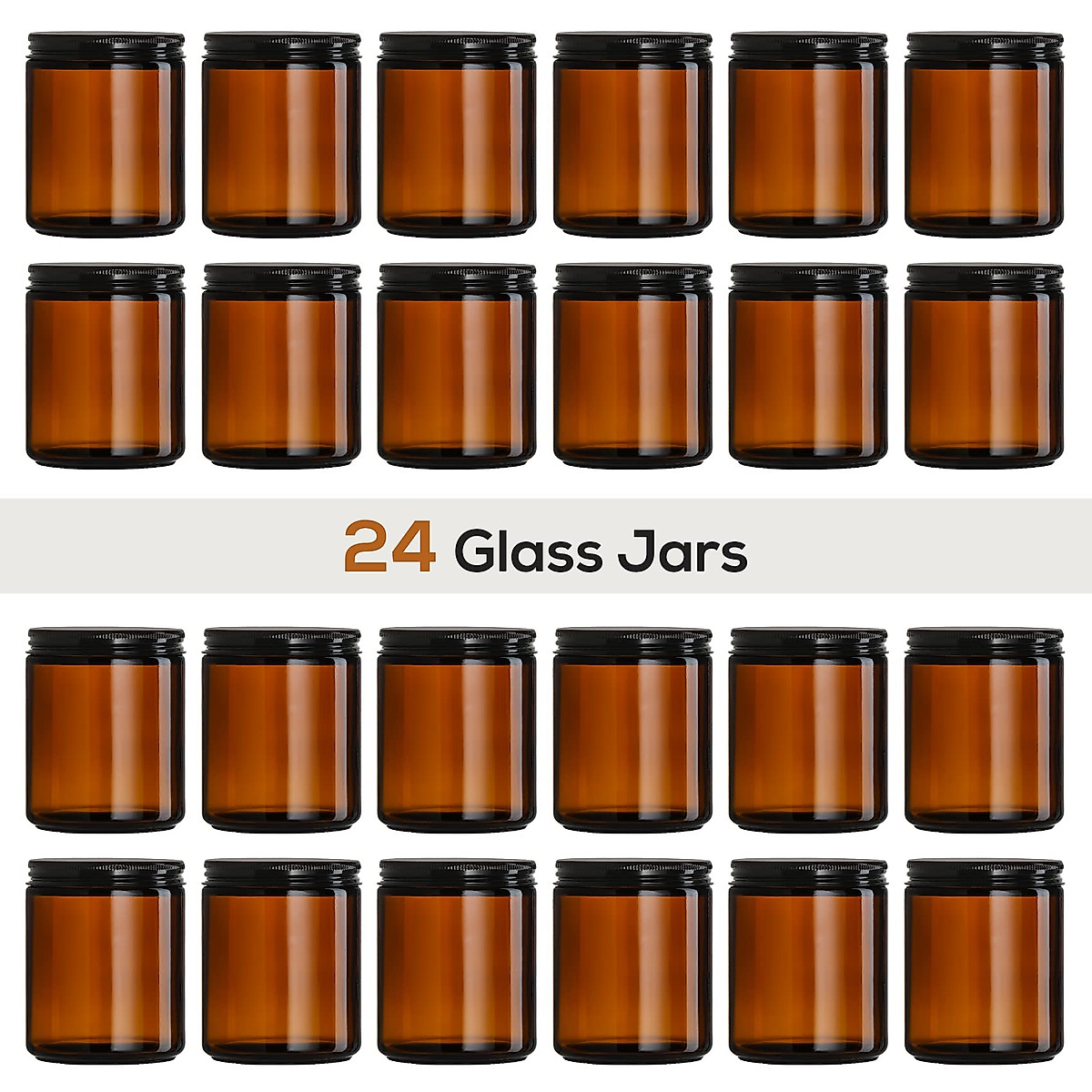24 Pack, 8 OZ Thick Amber Round Glass Jars with Black Metal Lids - Empty Candle Making Jar, Food Storage Containers, Canning / Mason Jar For Spice, Powder, Liquid, Sample - Leakproof & Dishwasher Safe