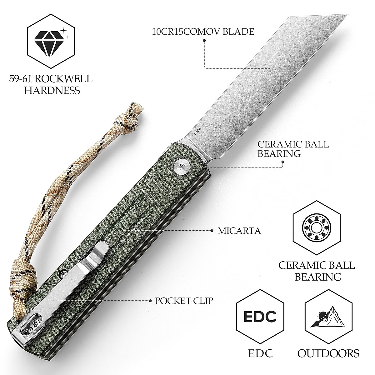 TRIVISA Japanese Higonokami Razor Button Lock Folding Pocket Knife for Men or Women, EDC Tool Camping Outdoor Knives with Pocket Clip，3.2" 10Cr15CoMoV Blade and Micarta Handle Hydra-04G