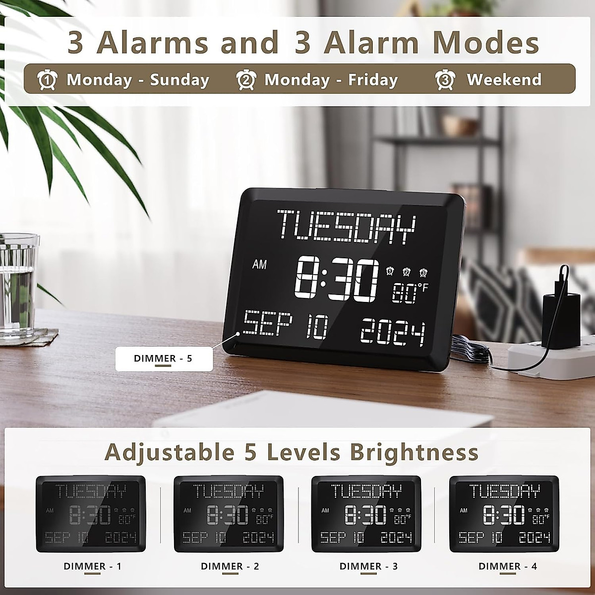 Raynic Digital Clock, 11.5" Large LED Word Display Dimmable Digital Wall Clock,Adjustable Brightness Digital Alarm Clock with Day and Date,Indoor Temperature,Snooze,12/24H,DST for Home, Office,Elderly