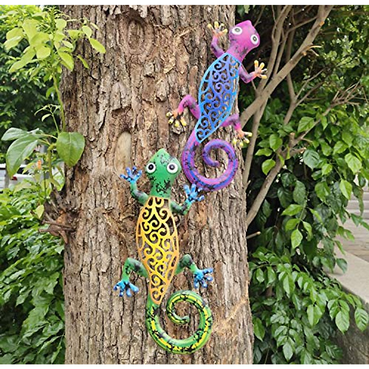 Metal Gecko Wall Decor Art Set of 2 Hanging for Outdoor Backyard Porch Home Patio Lawn Fence Decorations Wall Sculptures