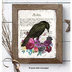 The Raven Edgar Allan Poe Decor - Gift for Medieval, Gothic, Wicca, Wiccan, Witchcraft, Occult Fan, Women - Goth Wall Art - Creepy Poster for Bedroom, Living Room - Crow, Roses, Flowers Picture