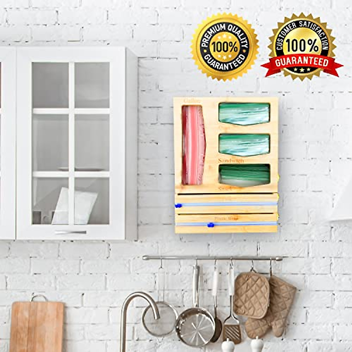 MADDIS -Ziplock Bag Storage Organizer, 6 In 1 Foil and Plastic Wrap Organizer with cutter, Ziplock Bag Storage Organizer for Kitchen Drawer or wall,Foil Organizer compatible with 12 inch size rolls.