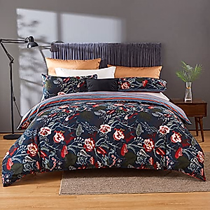 LAMEJOR Duvet Cover Set Queen Size Red Floral/Striped Bedding Set Comforter Cover (1 Duvet Cover+2 Pillowcases)