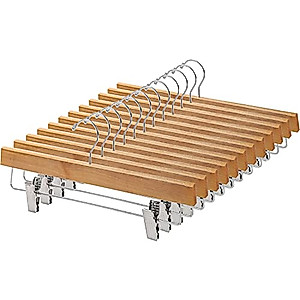 Tosnail 12 Pack Wooden Pants Skirt Hangers with Adjustable Clips, Solid Wood Jeans Hangers with Chromed Swivel Hook, Trouser Hanger for Men and Women's Clothing Closet Organizer