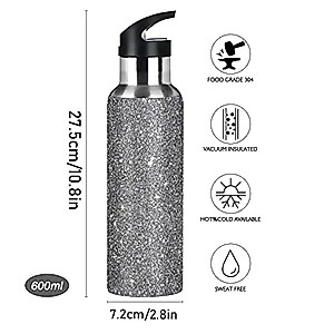Grey Shiny Water Bottle with Straw Lid, 20 Oz Stainless Steel Insulated Keeps Hot and Cold Bottle, Leakproof Sports Gym Cycling Outdoor Water Flask Thermos Bottle