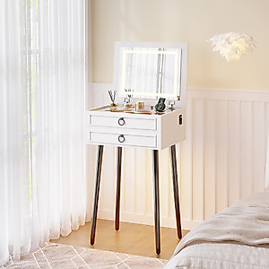 Lvifur Small Vanity Desk with Flip Top Mirror and Lights, Auto Sensor Dressing Table with Charging Station, Farmhouse Makeup Vanity Table with Jewelry Storage Drawer for Bedroom (White)