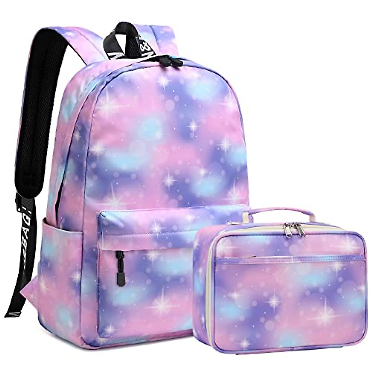 Lohol Galaxy School Backpack with Lunch Box, Lightweight Water Resistant BookBag Set for Kids Girls Teens (Pink&Purple