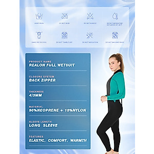 REALON Wetsuit Womens 4/3mm Mens Neoprene Full Body Thermal Scuba Diving Suits, 4mm One Piece Wet Suit Cold Water Swimsuits for Surfing Snorkeling(3/4mm Blue, Large)