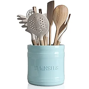 Kitchen Utensil Holder for Countertop 5.9 inch Porcelain Utensil Crock for Kitchen Deep and Large, Turquoise
