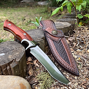QIXENIO M390 Steel Handmade Hunting Knife, Fixed Blade Full-Tang with Leather Sheath, Red Wood Non-Slip Handle - Survival, Tactical, Camping knives