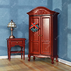 iLAND Wooden Dollhouse Furniture 1/12 Scale, Dollhouse Bedroom Furniture in Mahogany Color incl Dollhouse Bed & Dressing Table & Wardrobe (Classical Miniature Furniture 6pcs)