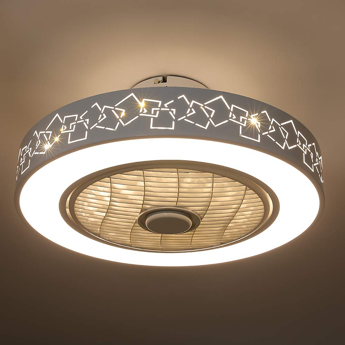 Ceiling Fan Light, Enclosed Round LED Dimmable Ceiling Lighting Fan with Invisible Blades,Semi Flush Mount Low Profile Fan W/Remote Control for Bedroom Office Living Room Children's Room 110V