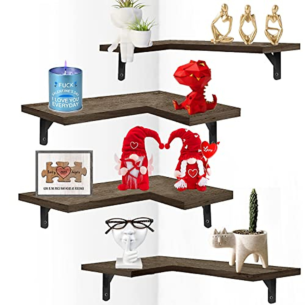 YSBYWSYR Corner Floating Shelves Wall Mounted, Set of 4 Rustic Wood Hanging Shelf for Bedroom, Living Room, Bathroom, Kitchen, Office and More