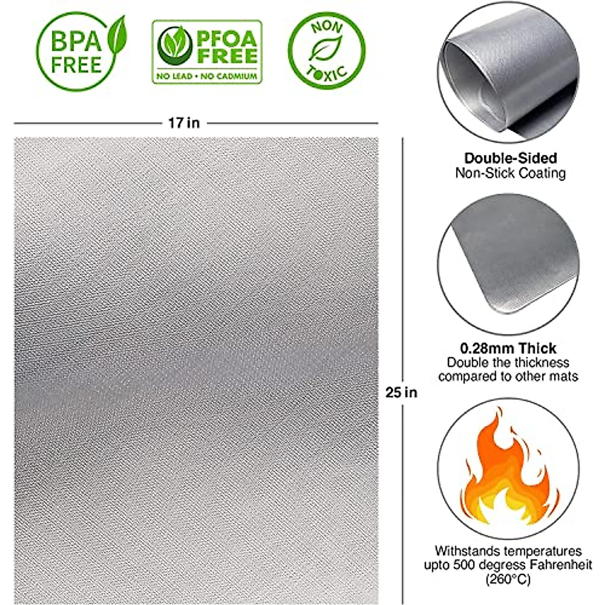 Oven Liners for Bottom of Oven, Silver 17" x 25" - Premium Large Thick Oven Mats, Heavy Duty Oven Liners for Bottom of Electric Oven, Gas Oven, Microwave, etc. - Non Stick Teflon Oven Liners (4-Pack)