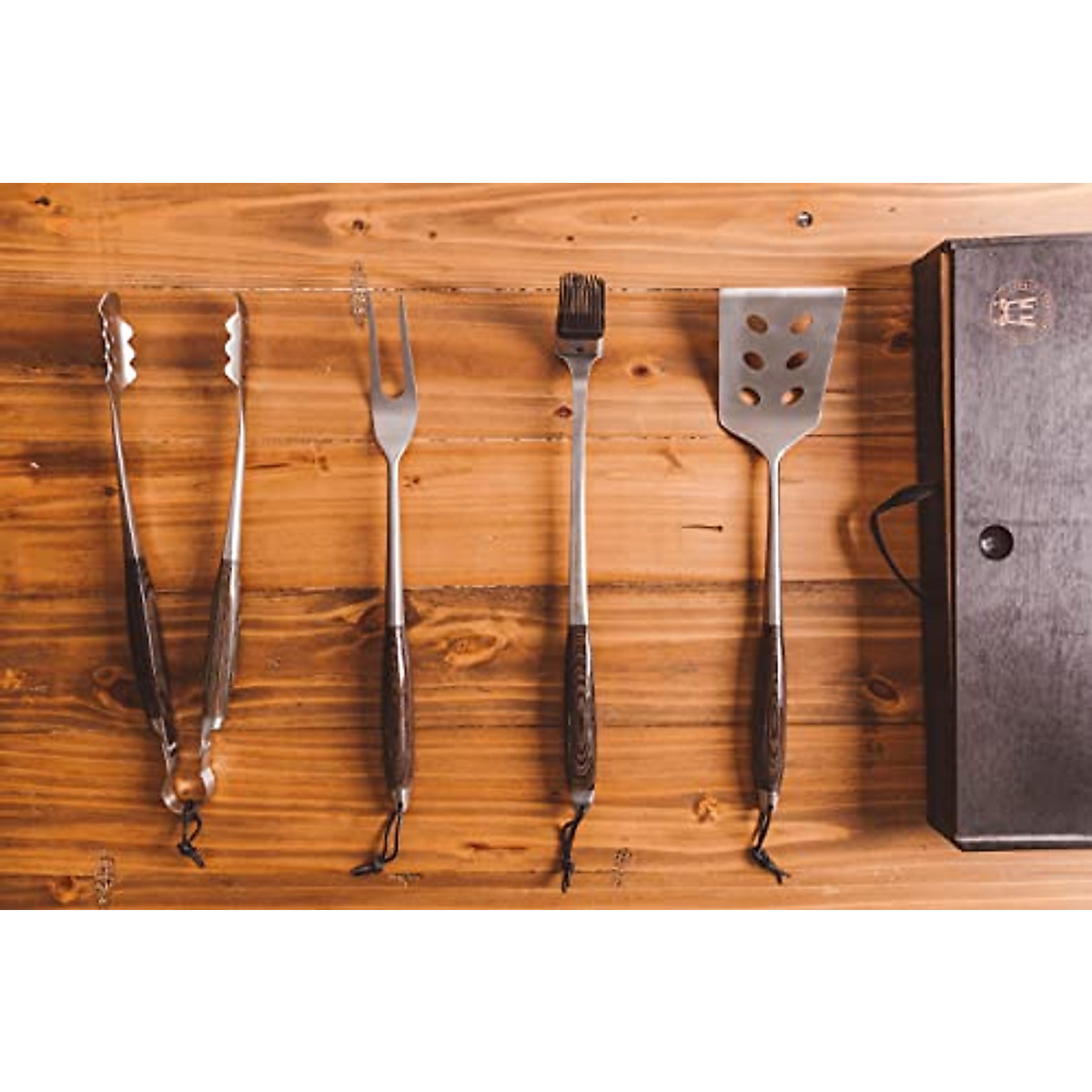 Schmidt Brothers - BBQ Carbon 6, 4-Piece Grilling Accessory Set, Full-Forged Stainless Steel Grilling Utensils Including Spatula, Fork, Basting Brush, and Tongs with All Wood Handles