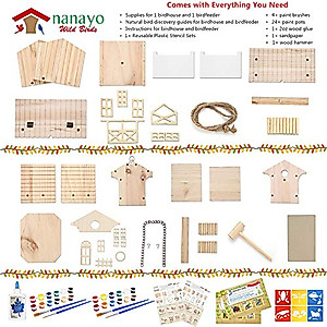 nanayo Wild Birds DIY Bird House Kit for Kids to Build - Birdhouse and Bird Feeder Wood Building Kits with Hanging Chain and Rope, Mallet, Paints and Brushes, Sandpaper, Glue and Bird Discovery Guide