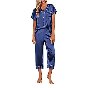 Ekouaer Satin Pajamas Women's Short Sleeve Sleepwear V-Neck Nightgown Two-piece Loungewear Button-up Pj Set Navy Blue