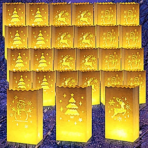54 Pieces Christmas Luminaries Bags Flame Resistant Candle Bags Christmas Tree Design Luminary Lantern Bags Different Designs for Christmas Halloween Thanksgiving Outdoor Party (Snowman Elk Tree)