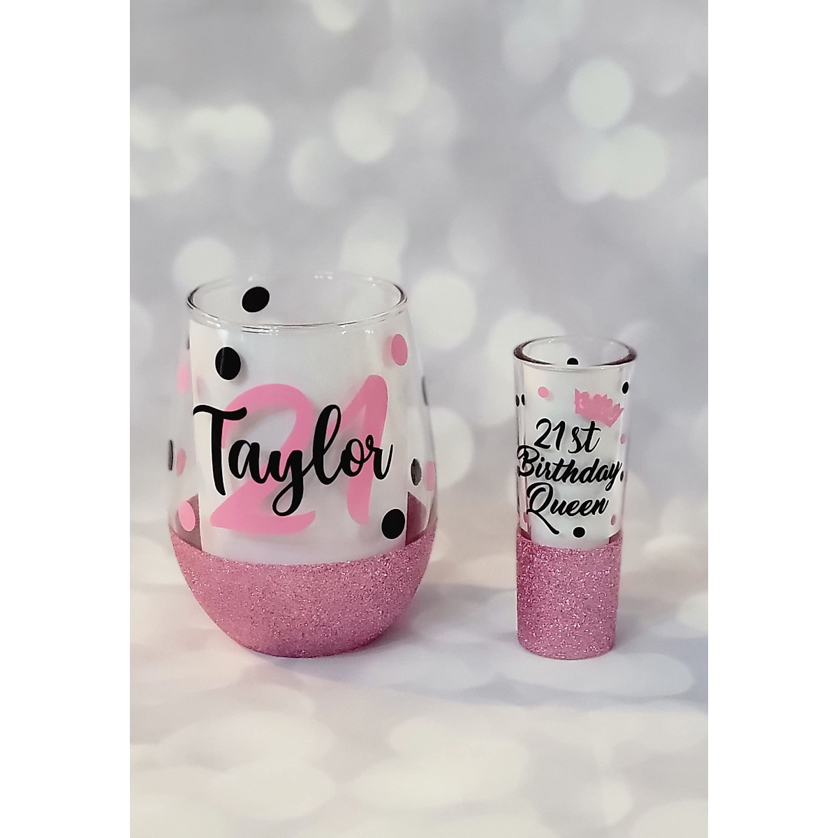 Glitter Birthday Wine Glass, Glitter Birthday Shot Glass, Age + Name (Wine + Shot)