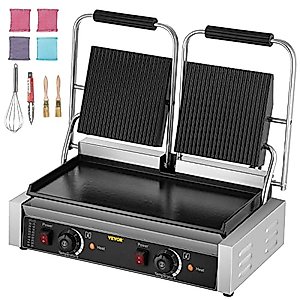 Happybuy Commercial Sandwich Panini Press Grill,110V 2x1800W Double Up Grooved and Down Flat Plates Electric Stainless Steel Sandwich Maker,Temperature Control 122°F-572°F for Hamburgers Steaks Bacons
