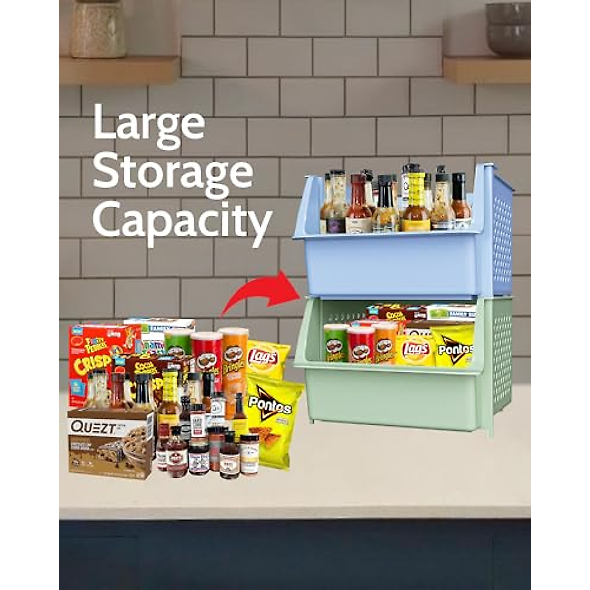 Skywin Plastic Stackable Storage Bins for Pantry - 2 Pack Stackable Bins For Organizing Food, Kitchen, and Bathroom Essentials (Multi)