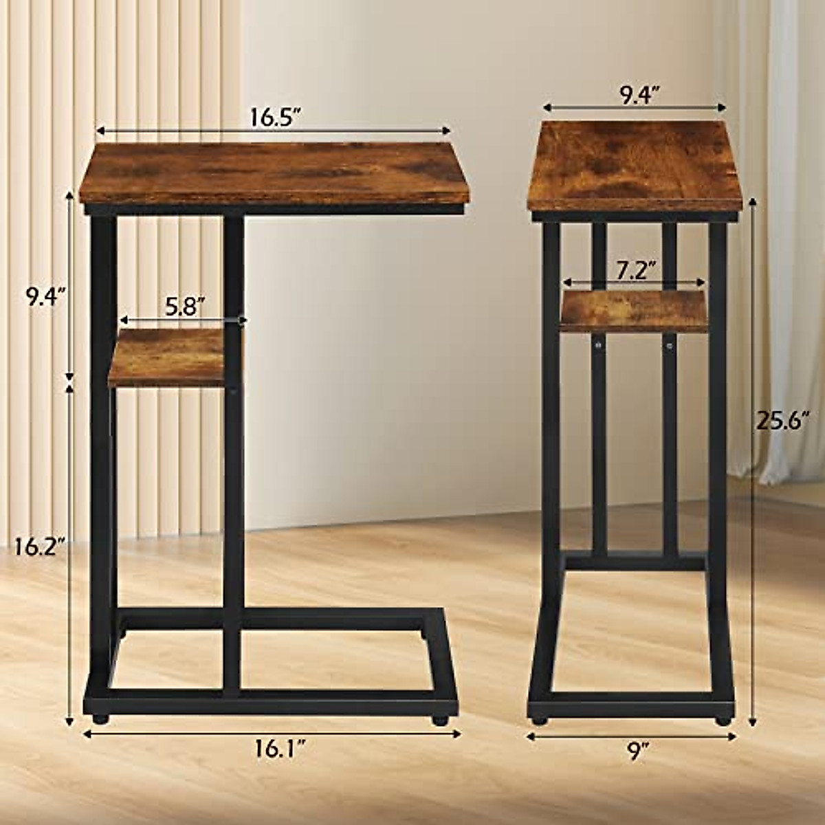 C Shaped Side Table for Sofa, Small Couch End Table for Small Spaces，Skinny Couch Side Tables Slide Under Sofa Bed,Snack Table with Bamboo, Modern Rustic Brown