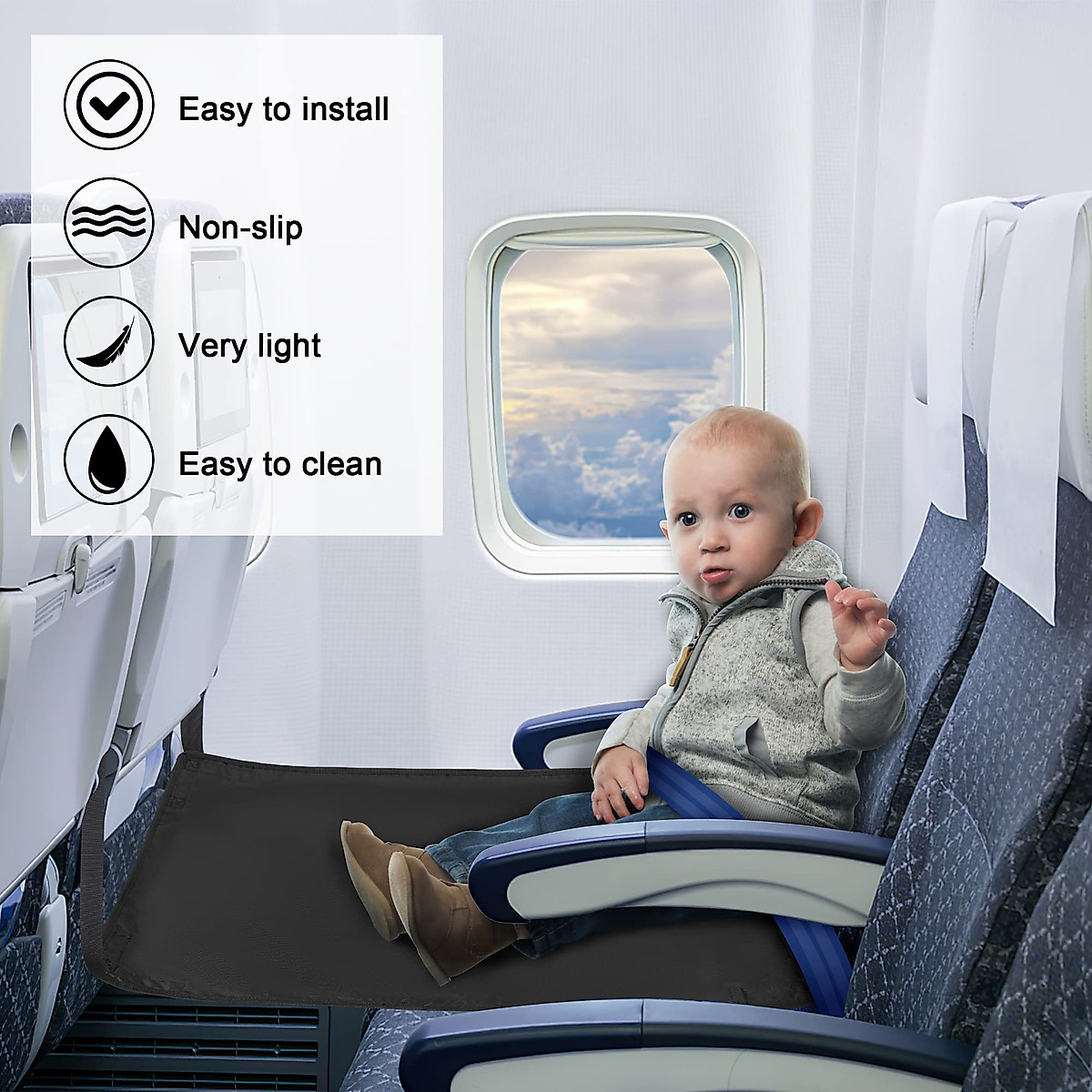 Ximepayu Upgraded Waterproof Airplane Bed for Toddlers, Child Airplane seat Extender, Essential for Babies and Children Airplane Travel, Lightweight and Foldable (Black)