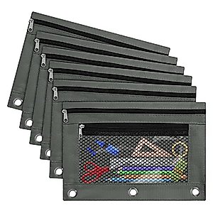 Antner 6 Pack Binder Pencil Pouch for 3 Ring Binder, Zipper Pouch Case with Smooth Zipper & Clear Window, Large Capacity 3-Hole Pencil Bag with Reinforced Grommets, Grey