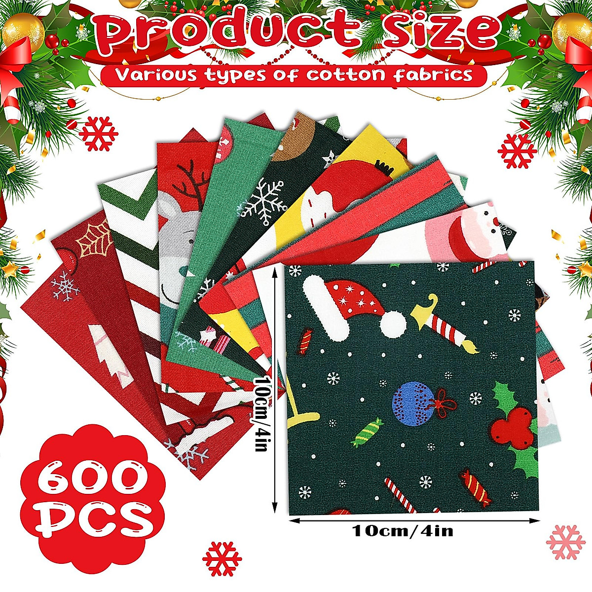 Kinlop 600 Pcs 4 x 4 in Christmas Fabric Bundles Christmas Fat Quarters Cotton Sewing Fabric Christmas Precut Fabric for Quilting Santa Snowflake Printed Fabric Scraps Bulk for Patchwork DIY Craft