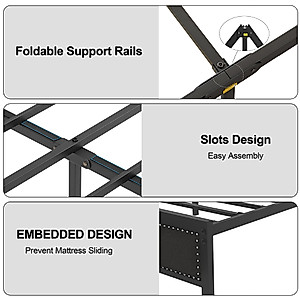 VECELO Queen Size Bed Frame with Linen Fabric Headboard and Footboard, Heavy-Duty Platform with Strong Steel Slats, No Box Spring Needed, Easy Assembly, Black