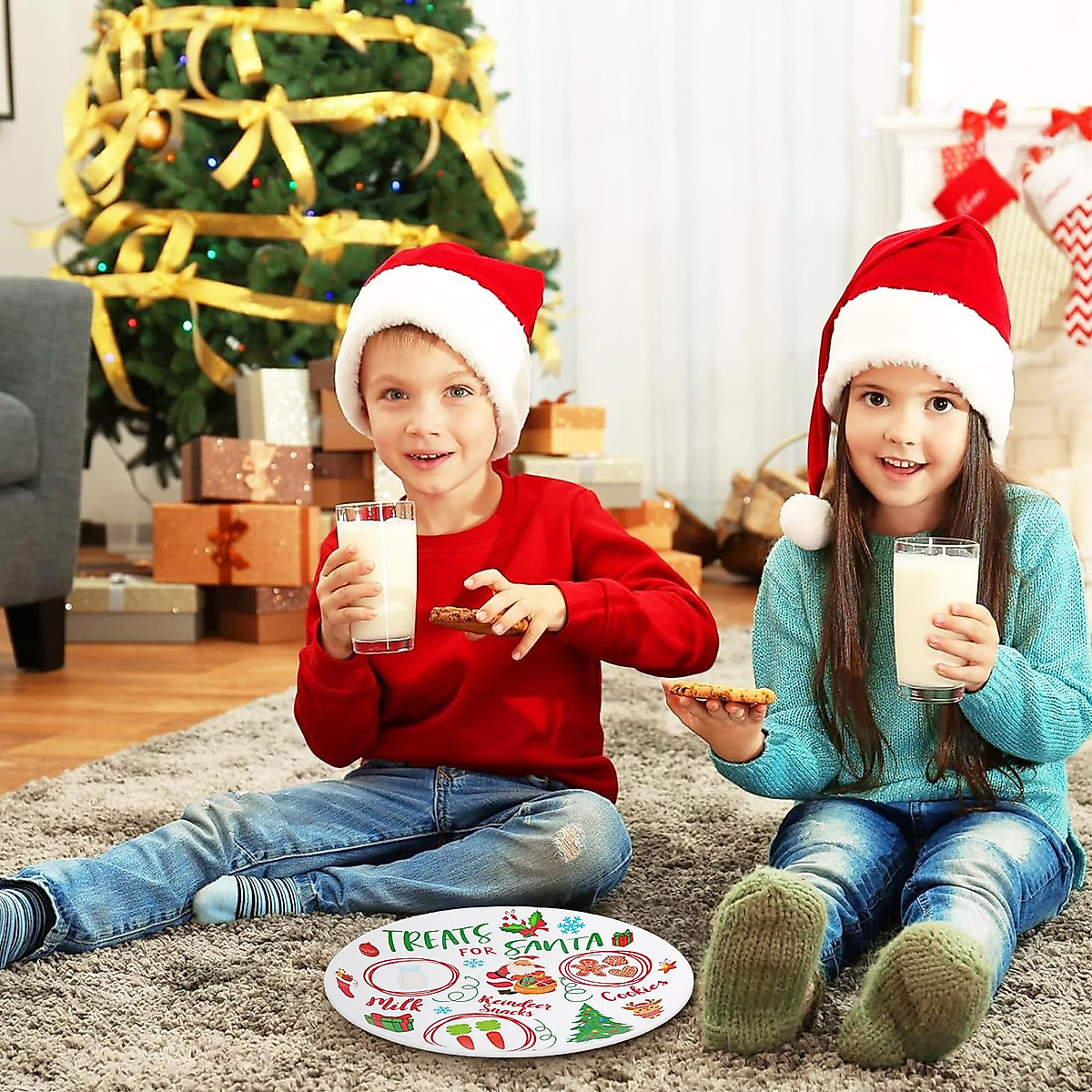 AnyDesign Dear Santa Cookie Plate Round Christmas Plastic Santa Treat Tray Decorative Xmas Eve Treat Serving Boards Cute Plate Platter Mat for Sharing Snack Cookie Milk, 10 Inch