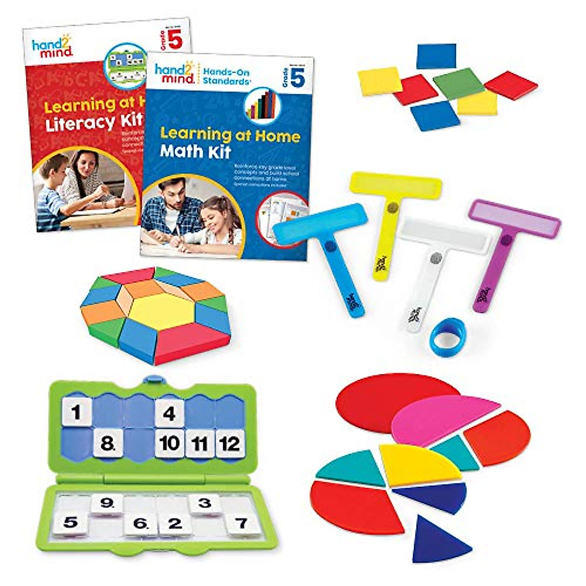 hand2mind Learning at Home Family Engagement Cross-Curricular Kit for Grade 5, Reading and Math Activity Book with Hands-On Manipulatives, Spanish Translations for Key Materials