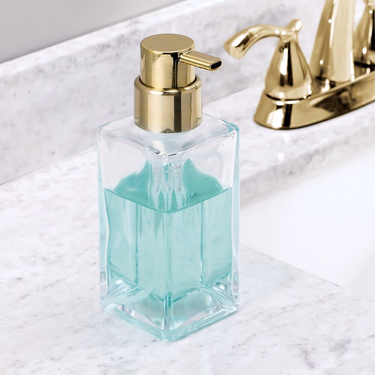 mDesign Modern Square Glass Refillable Foaming Hand Soap Dispenser Pump Bottle for Bathroom Vanities or Kitchen Sink, Countertops - Clear/Soft Brass