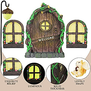 Jetec 21 Pieces Fairy Door and Window, Trees with 2 Window and Light Yard Sculpture Decoration for DIY Micro Landscape Ornament Kid Room, Wall and Tree Outdoor Miniature Fairy Garden Accessories