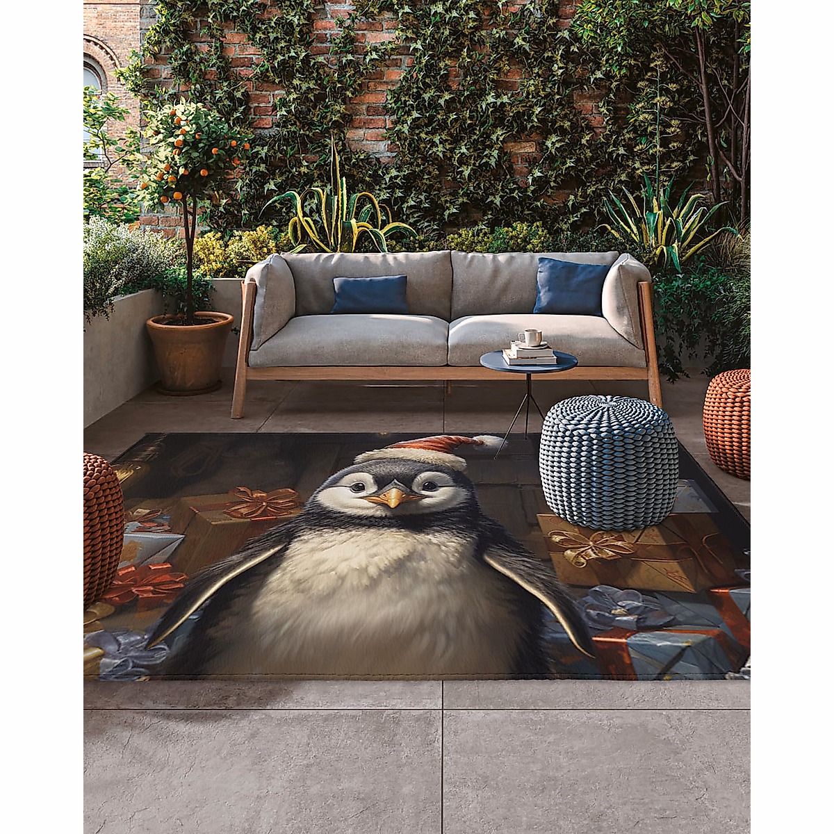 Christmas Penguin Outdoor Rugs for 5'x8' Patios Clearance, RV Camping Mat Rug Portable Outside Rug Indoor Outdoor Area Rug Mat for Beach Deck Pool Merry