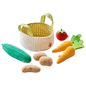 HABA Biofino Vegetable Basket - Soft Plush Pretend Play Food Includes Carrier, Cucumber, Tomato, 2 Carrots and 3 Potatoes for Ages 3+