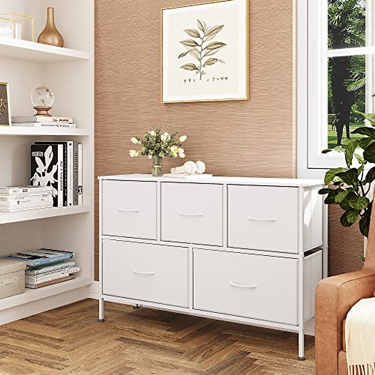 WLIVE 2-Drawer Nightstand and 5-Drawer Dresser Set, Dressers for Bedroom, Fabric Storage Tower, Hallway, Entryway, Closets, Sturdy Steel Frame, Wood Top, Easy Pull Handle (White)