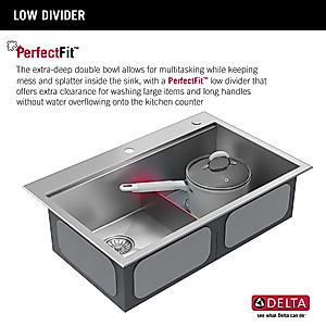 DELTA FAUCET Rivet 33-Inch Workstation Kitchen Sink Drop-In Top Mount 16 Gauge Stainless Steel 50/50 Double Bowl with WorkFlow Ledge and Chef’s Kit of 8 Accessories, 95A931-33D-SS