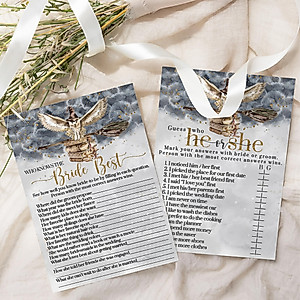 Halloween Bridal Shower Games Pack - 25 Double-Sided Cards - 5x7 Premium Quality Cardstock - Who Knows the Bride Best & He Said or She Said - Magical Wizard and Owl Design - Perfect for 25 Guests