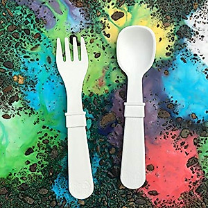 Re-Play Made in USA Toddler Forks and Spoons, Pack of 8 Without Carrying Case - 4 Kids Forks with Rounded Tips and 4 Deep Scoop Toddler Spoons - 0.2" Thick Toddler Utensils, Preschool