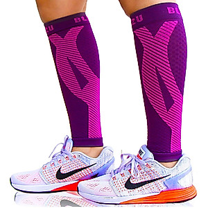 BLITZU 3 Pairs Calf Compression Sleeves for Women and Men Size L-XL, One Black, One Pink, One Purple Calf Sleeve, Leg Compression Sleeve for Calf Pain and Shin Splints. Footless Compression Socks.