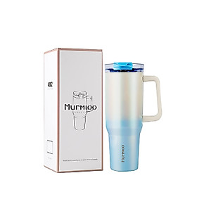 Murmioo 40OZ Tumbler with Handle and Straw,Insulated Leak Proof Double Walled Stainless Steel Travel Mug,Reusable Water Bottle Cup，keep Cold Ice，Hot water for Hours(Blue white gradient)