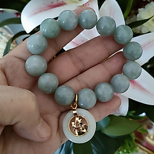 Heavens Tvcz Natural Green Jade Round 13.90 mm Gems Healing Energy Real Bracelets Bangle for Women Men Charms with Pendant Coin Lucky Money Powerful Thai